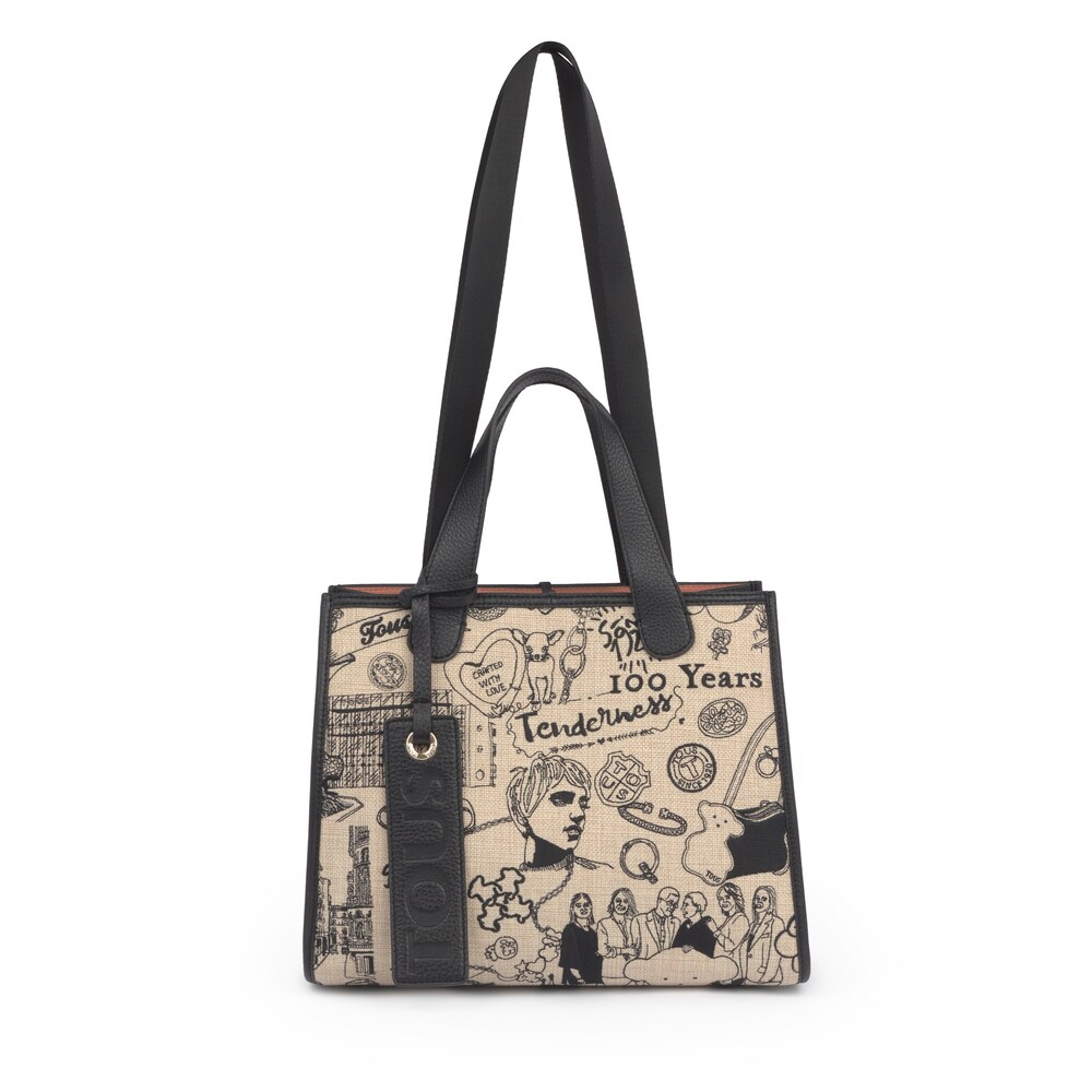 TOUS Centenary Embroidery beige and black leather Tote bag | TOUS