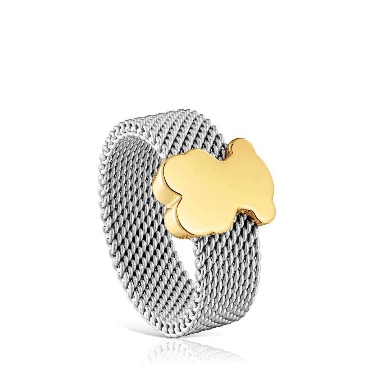 Large steel Ring with 14K solid gold bear Icon Mesh | TOUS