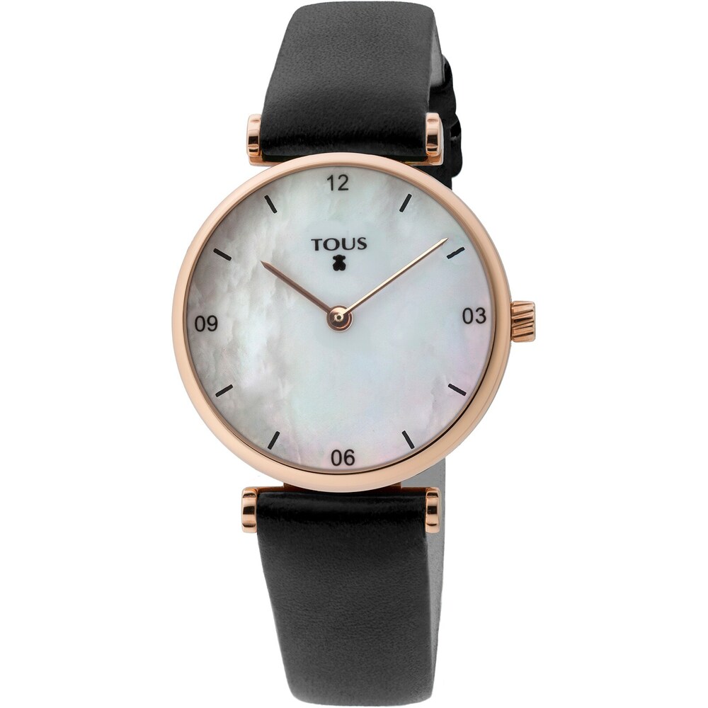 Pink IP Steel Camille Watch with Mother-of-pearl and black Leather ...